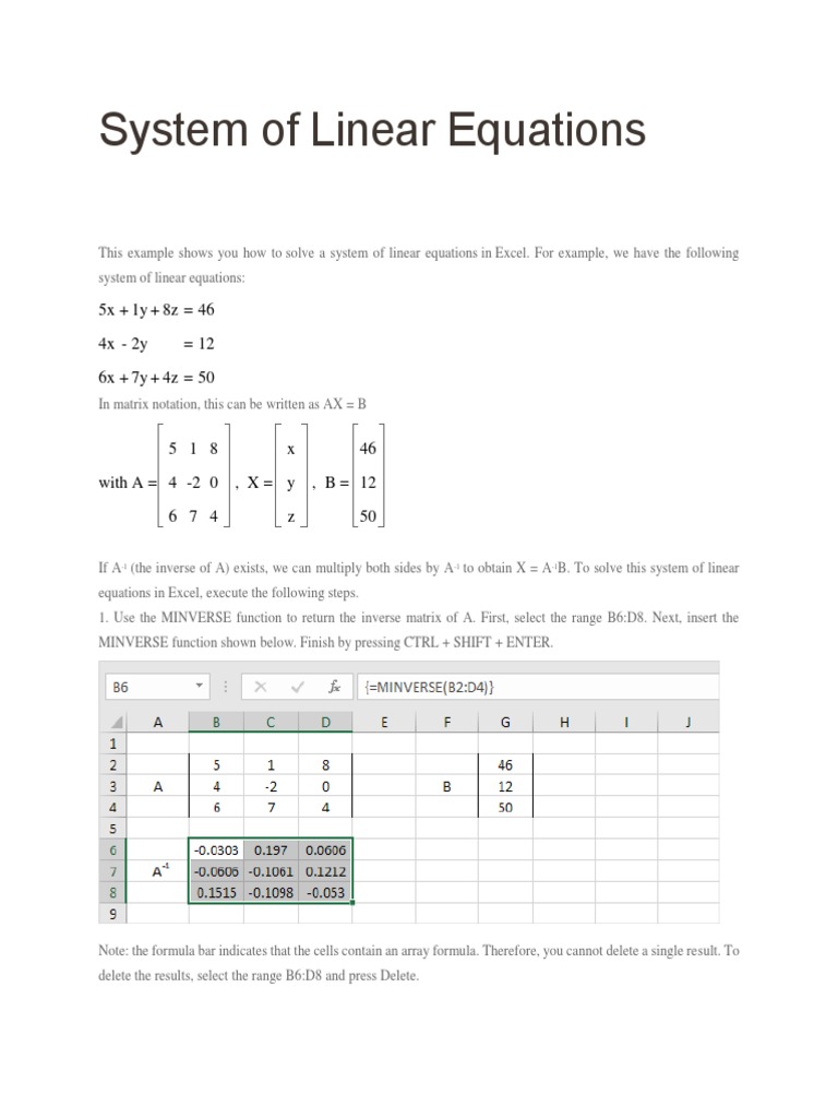 Solve Linear Equations in Excel | PDF | Matrix (Mathematics) | System ...