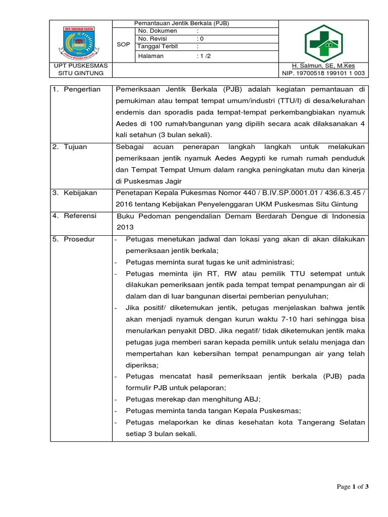 Sop Pemeriksaan Jentik Berkala (PJB) | PDF