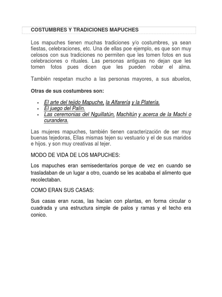 Costumbres y Tradiciones Mapuches | PDF