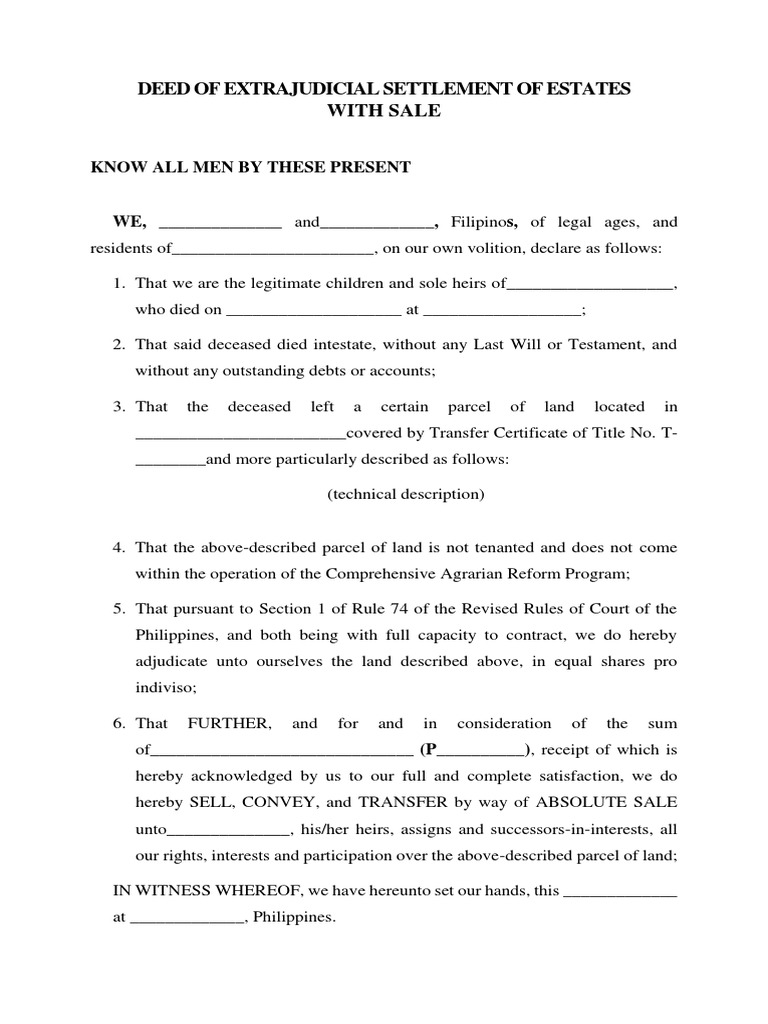 Extrajudicial Settlement With Sale | Natural Resources Law | Property