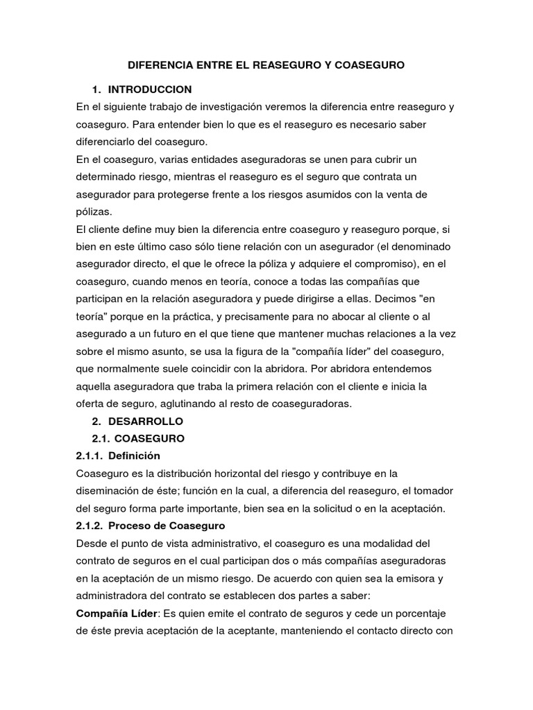 Diferencia Entre El Reaseguro y Coaseguro | PDF | Póliza de seguros | Reaseguro