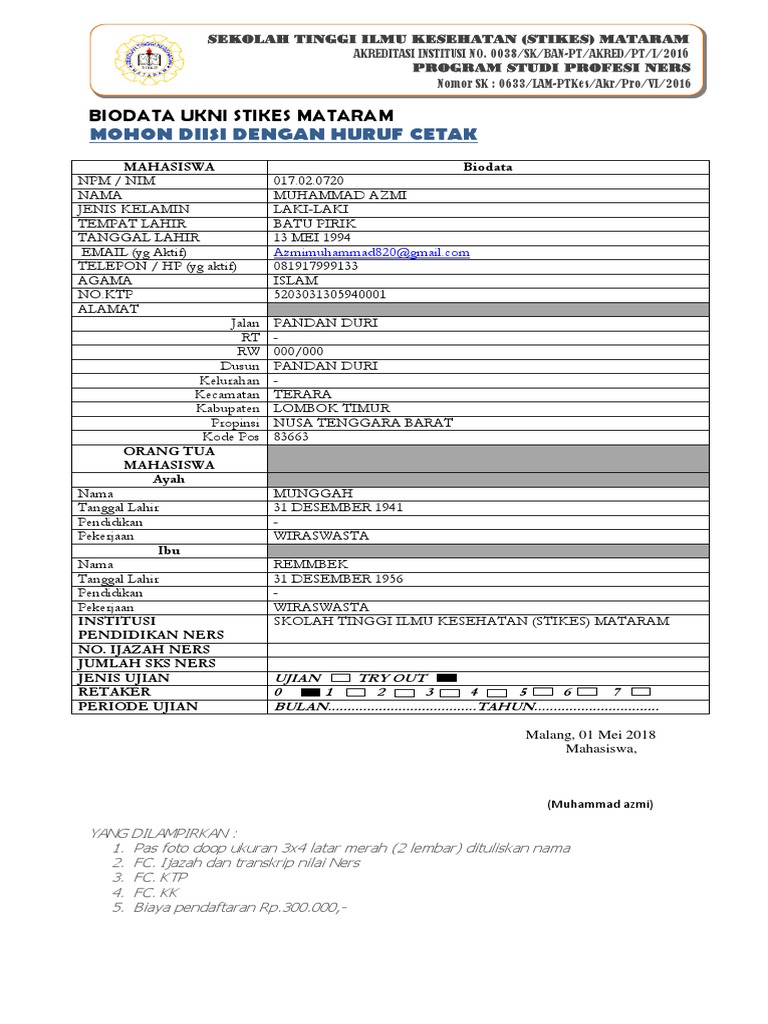 Biodata Ukni Stikes Mataram M.azmoi | PDF