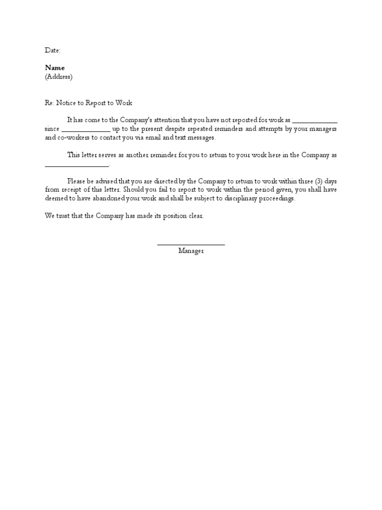 Sample Notice To Report To Work | PDF