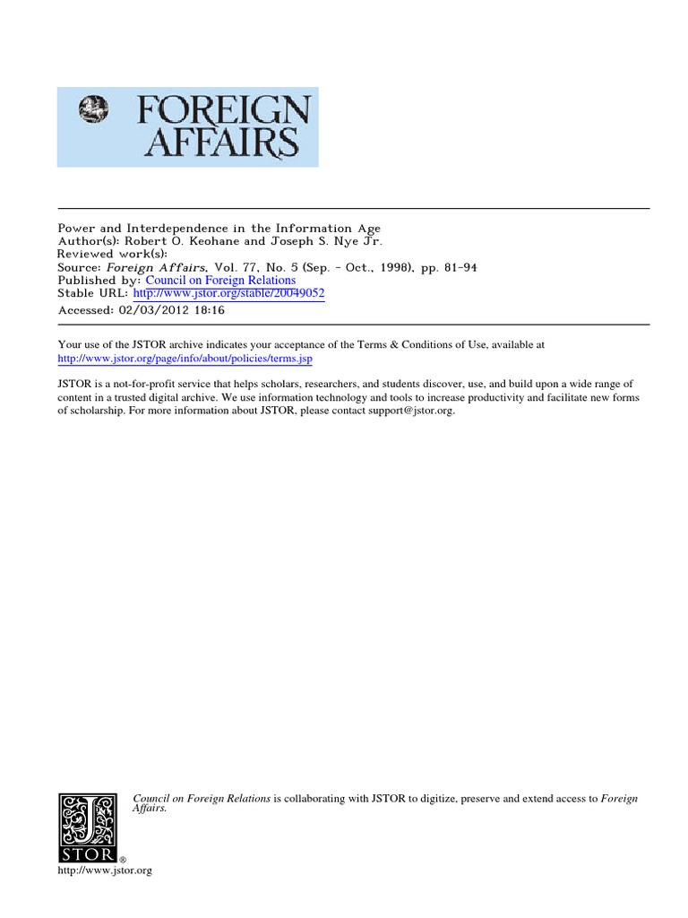 Keohane, R. and Nye, J. (1998) Power and Interdependence in The Information Age (81-94) | PDF ...