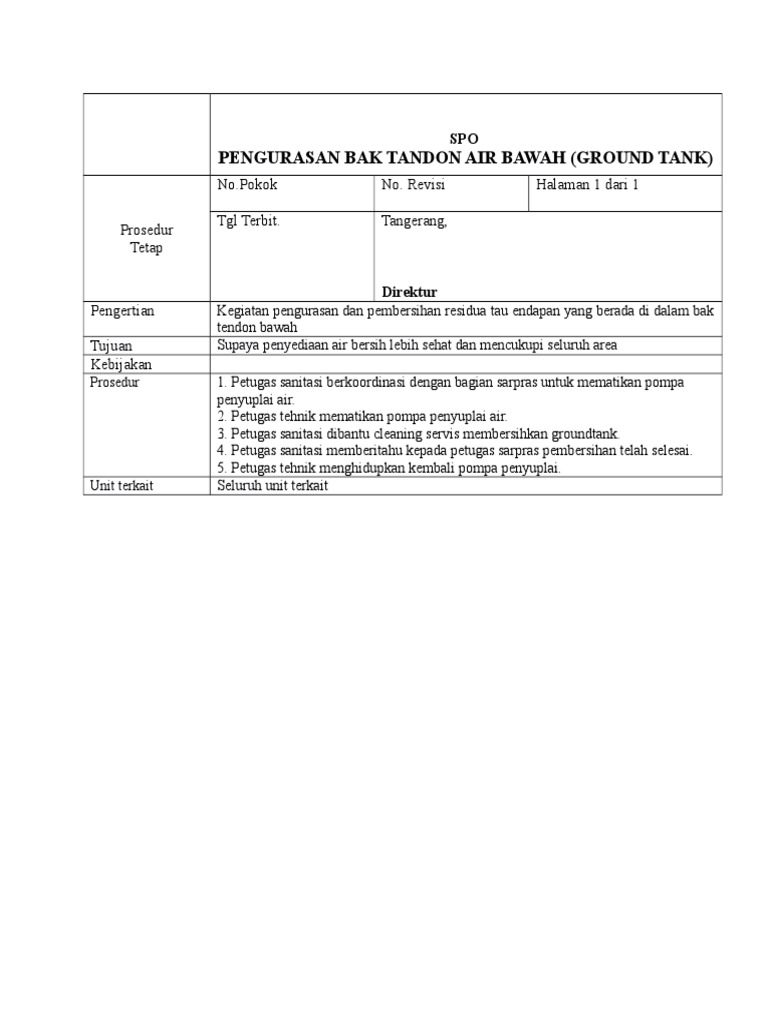 SPO Pengurasan Bak Tandon Air Bawah | PDF