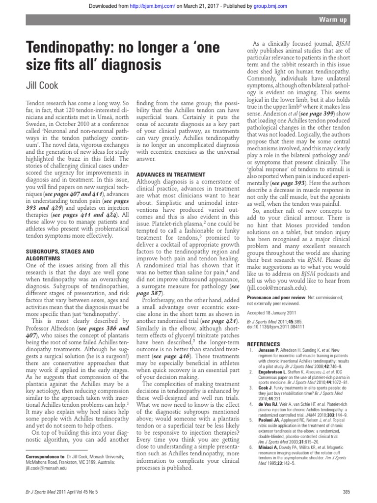 Tendinopathy: No Longer A One Size Fi Ts All' Diagnosis: Jill Cook ...