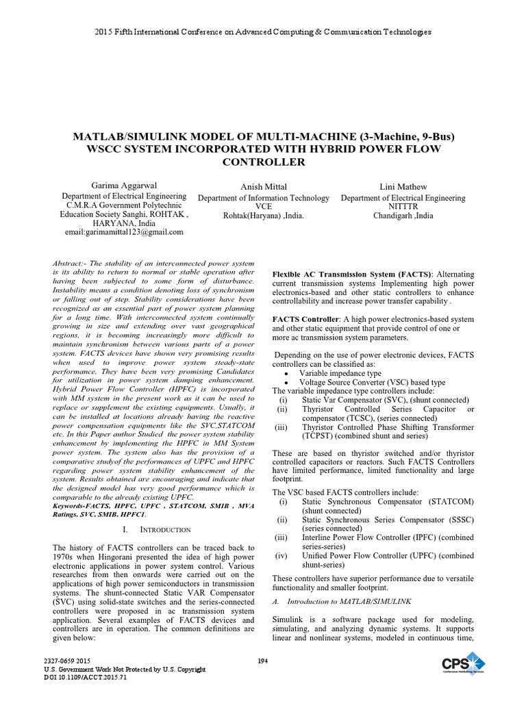 Aggarwal, Mittal, Mathew - 2015 - MATLABsimulink Model of Multi-Machine (3-Machine, 9-Bus) WSCC ...