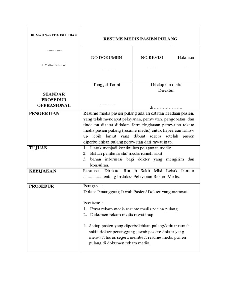 Sop Resume Medis Pasien Pulang | PDF