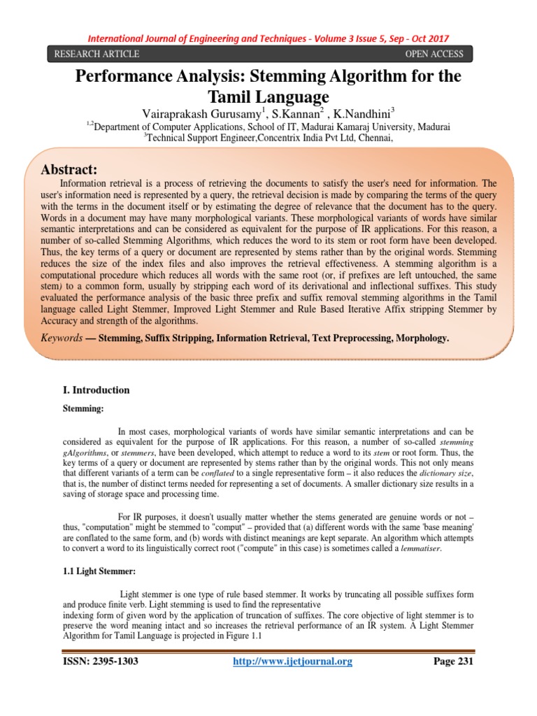 Performance Analysis: Stemming Algorithm For The Tamil Language | PDF | Morphology | Onomastics