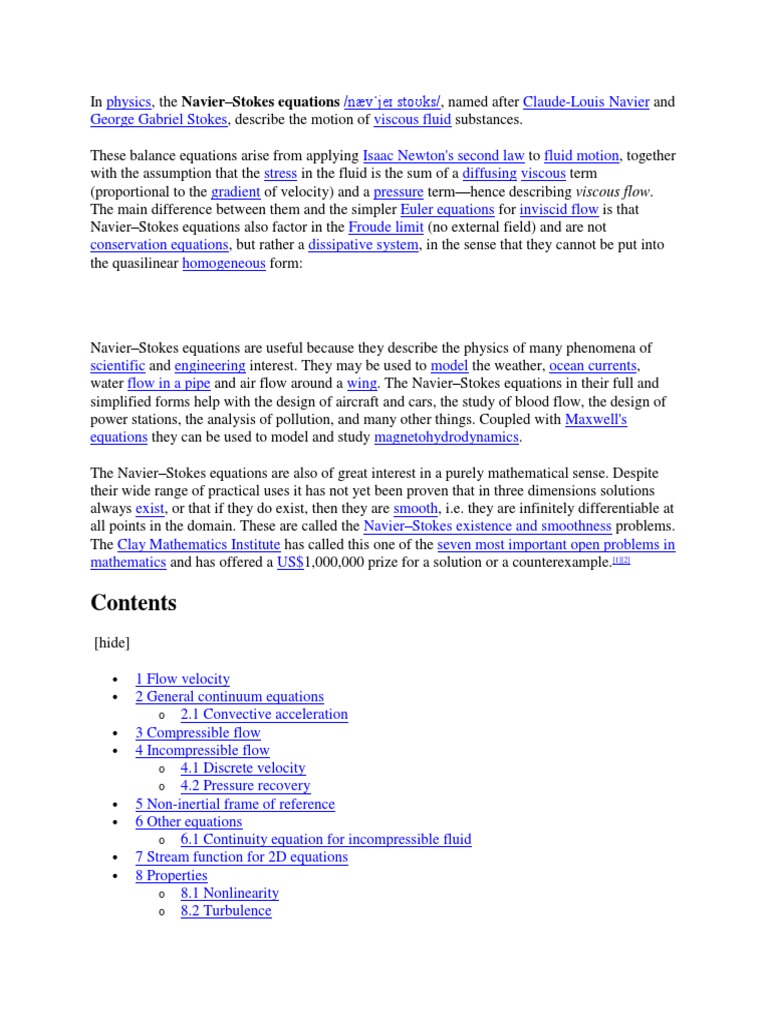 Stoke Equ From Wikepedia | PDF | Navier–Stokes Equations | Fluid Dynamics