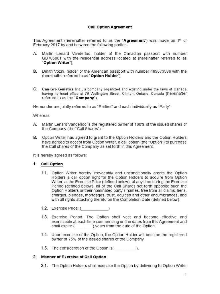Call Option Agreement Template | PDF | Option (Finance) | Warrant (Finance)