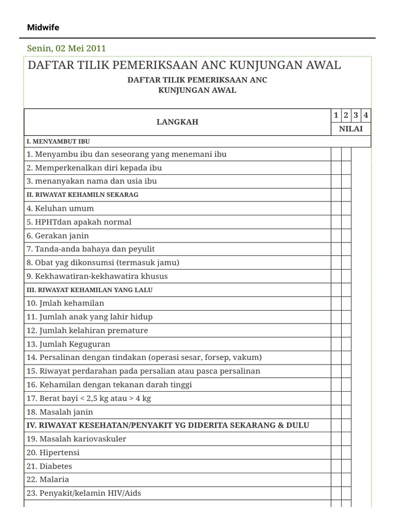 Midwife - Daftar Tilik Pemeriksaan Anc Kunjungan Awal | PDF | Kesehatan Holistik