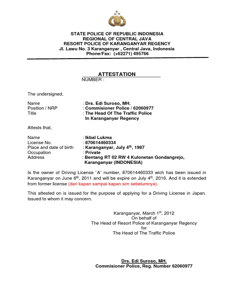 (Template) Surat Urusan Sim Mobil | PDF