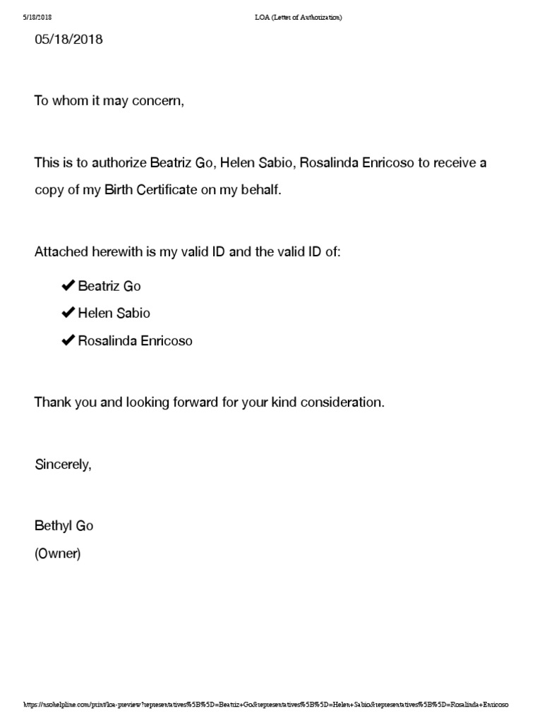 LOA (Letter of Authorization) | PDF | Law | Wellness