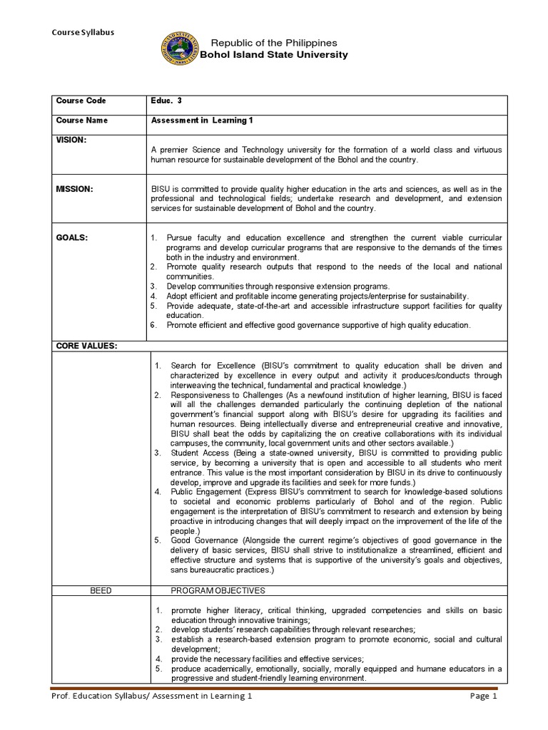 Educ 3 Asl 1-Syllabus Final | PDF | Educational Assessment | Teachers