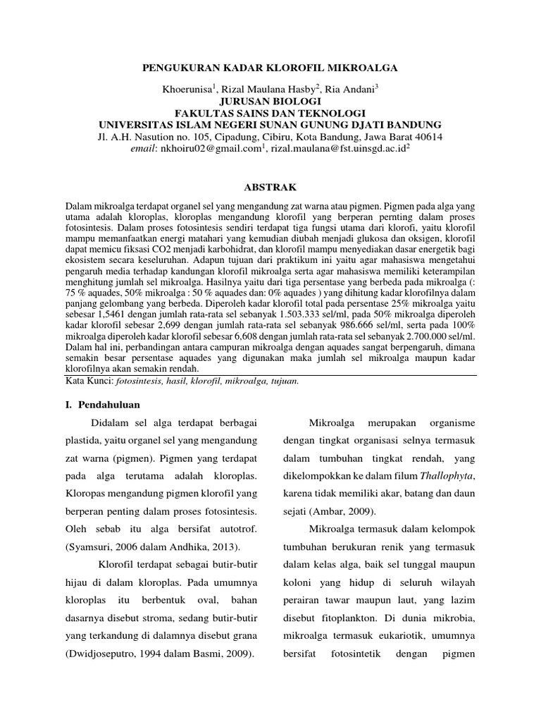 Menghitung Kadar Klorofil Mikroalga Jenis Chlorella SP | PDF