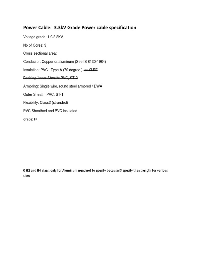 Power Cable: 3.3kV Grade Power Cable Specification | Download Free PDF ...