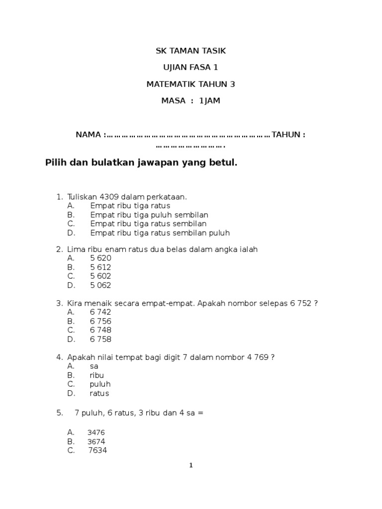 Soalan Matematik Tahun 3 FASA 1 | PDF