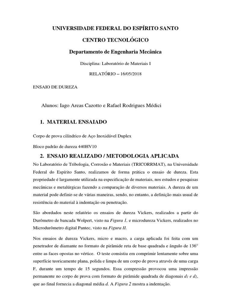Relatório de Ensaios de Dureza Vickers e Microdureza Vickers em Aço ...
