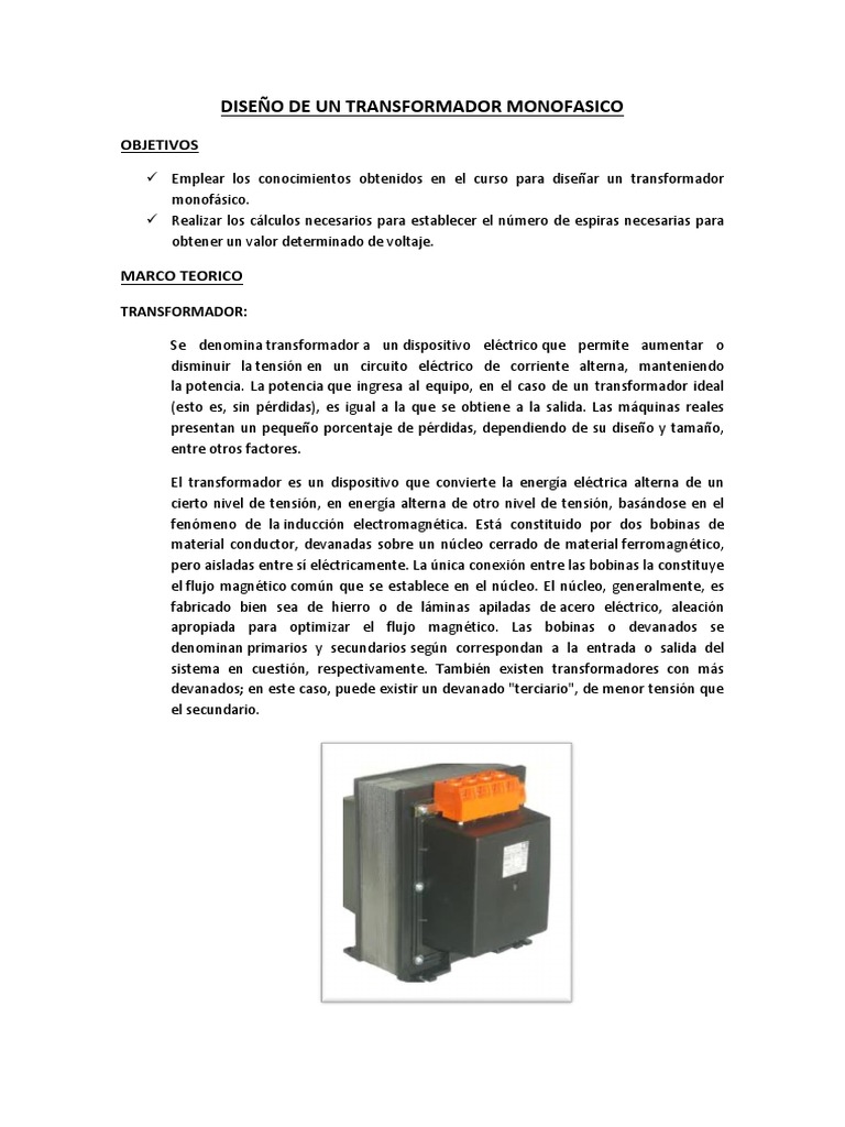 Diseño de Un Transformador Monofasico | PDF | Transformador | Inductor