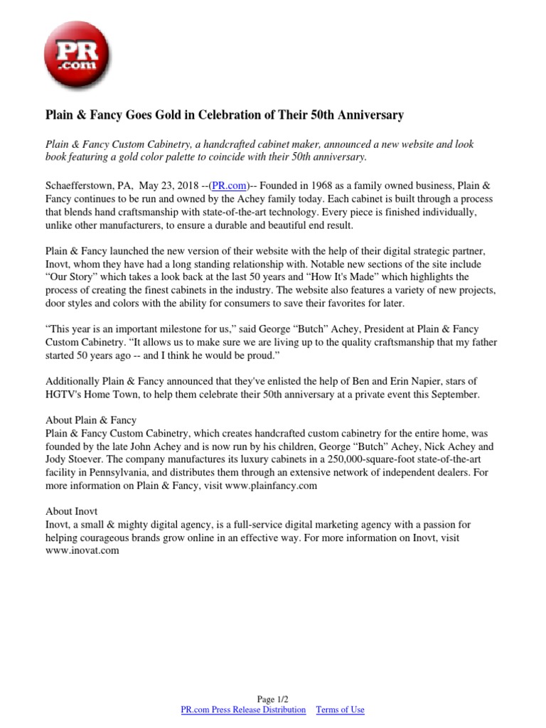Plain & Fancy Goes Gold in Celebration of Their 50th Anniversary | PDF ...