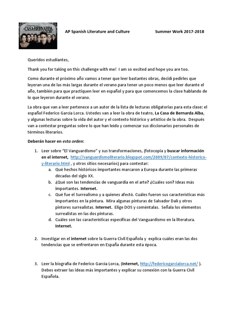 AP Spanish Literature and CultureSummer Work 2017 | PDF | Federico ...