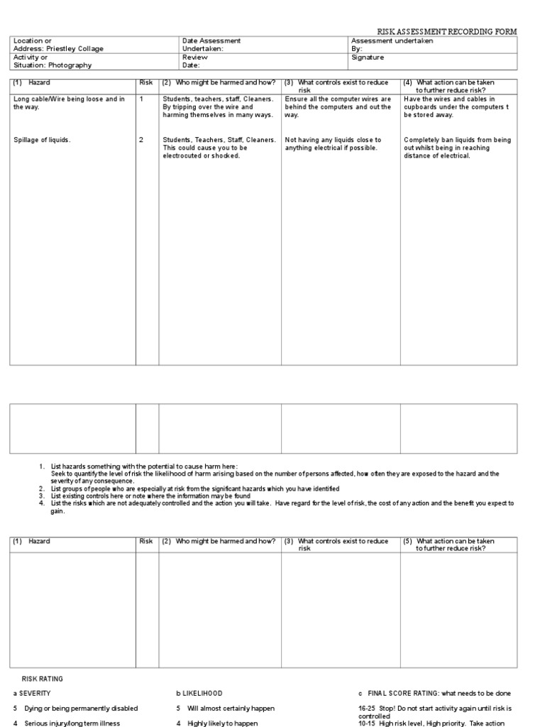 Risk Assessment PA.20 | Hazards | Risk