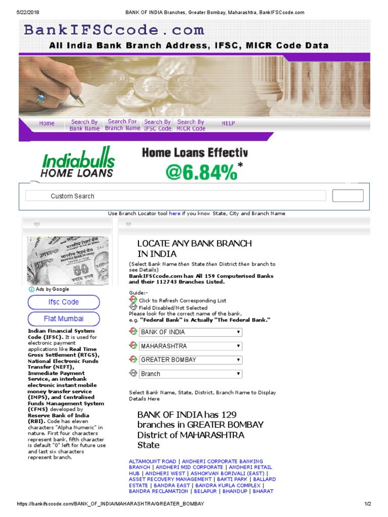 List of 129 BANK OF INDIA branches in GREATER BOMBAY region of ...