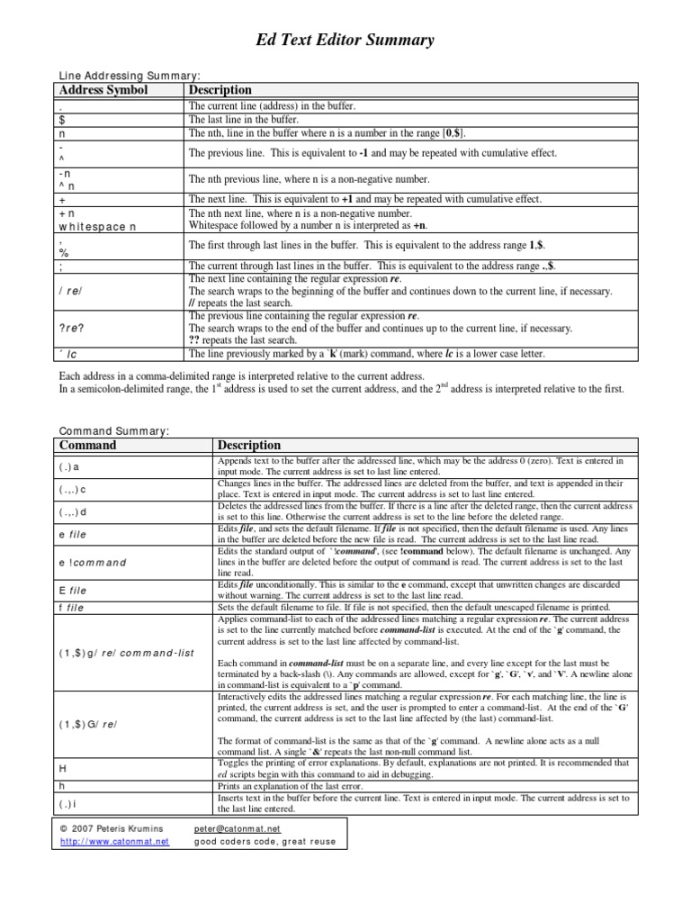 Ed Text Editor Cheat Sheet | PDF | Regular Expression | Command Line Interface