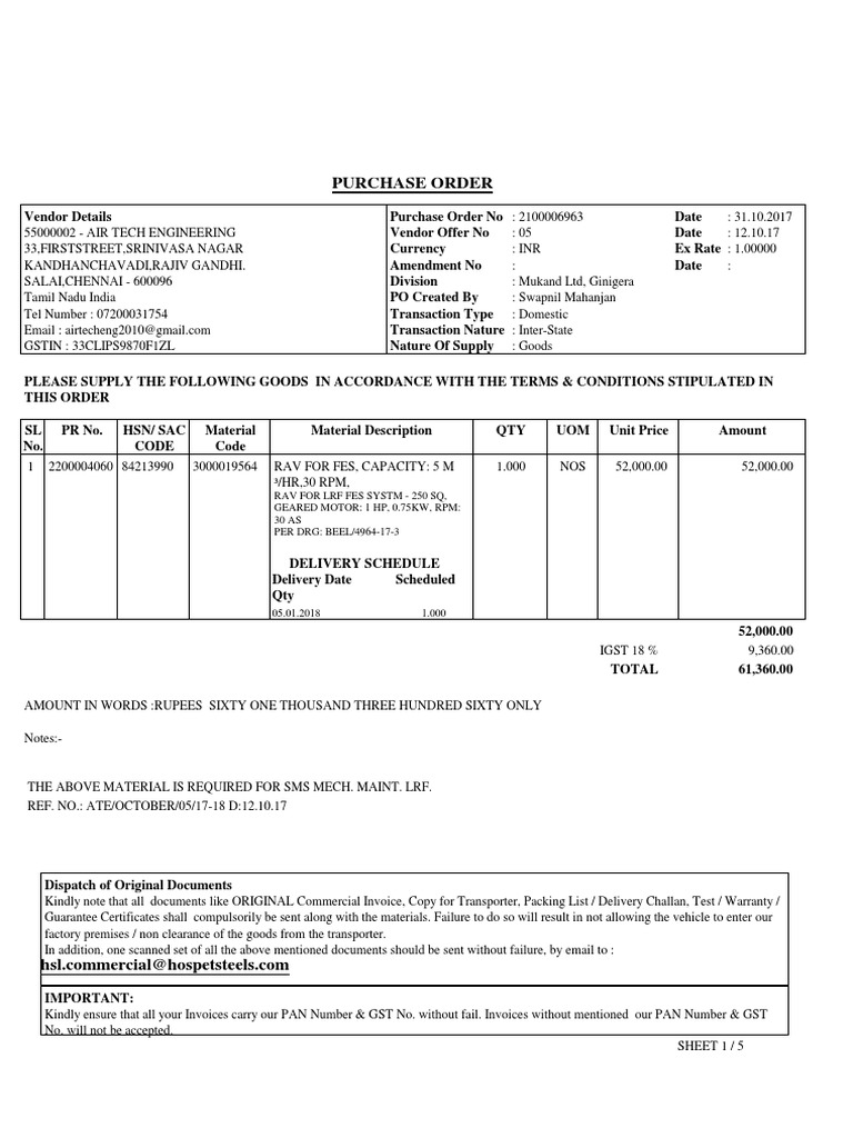 Purchase Order for Air Tech Engineering | PDF | Invoice | Receipt
