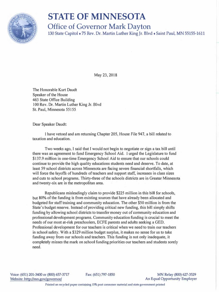 Veto Letter Dayton To Daudt | PDF | Nonprofit Organization | Public Finance