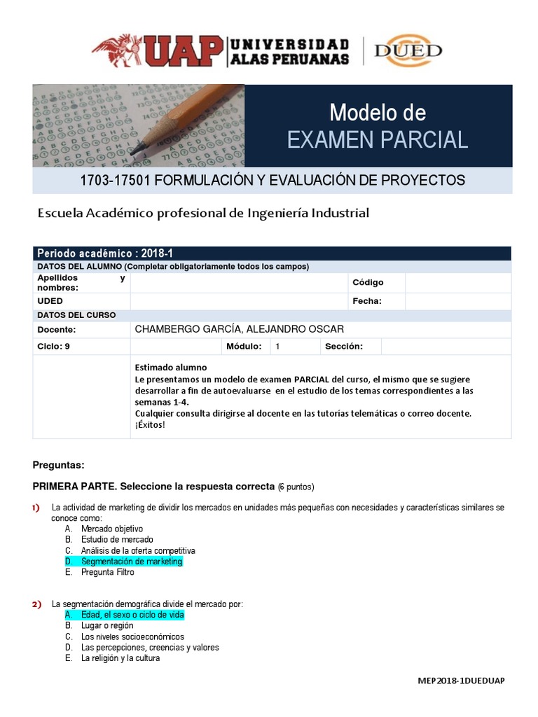 Modelo de Examen Parcial FORM PROY | PDF | Prueba (evaluación) | Consumo (economía)