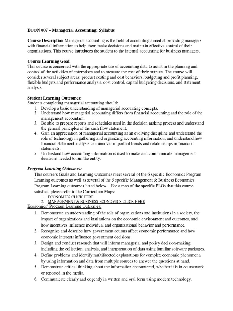 Managerial Accounting Course Syllabus | PDF | Management Accounting ...