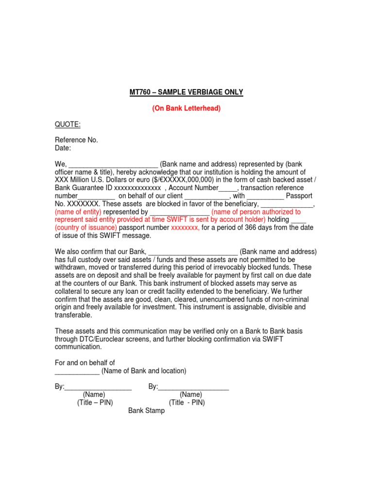 Mt760 - Sample Verbiage Only: (On Bank Letterhead) | PDF