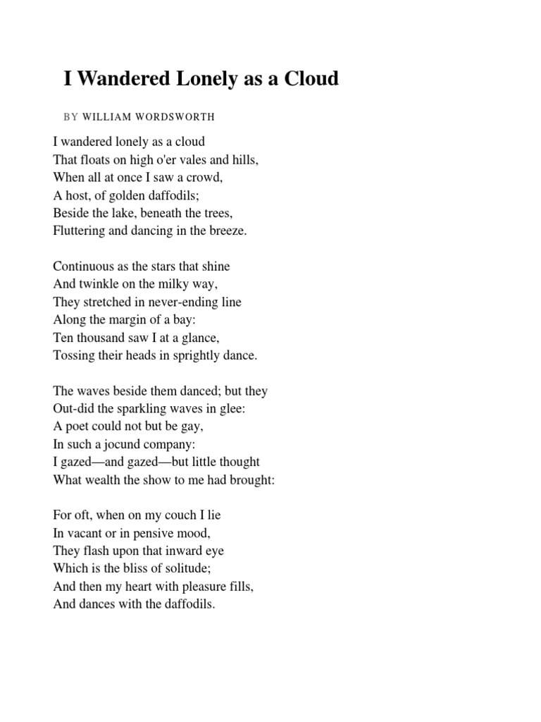 I Wandered Lonely As A Cloud: William Wordsworth | PDF | Poetry | Classics
