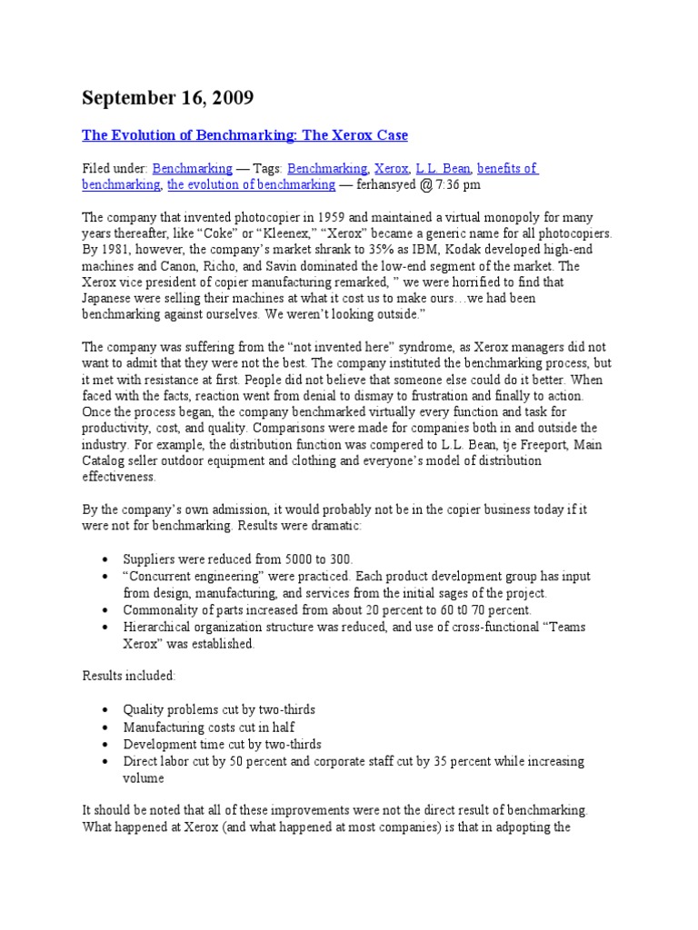 September 16, 2009: The Evolution of Benchmarking: The Xerox Case | PDF ...