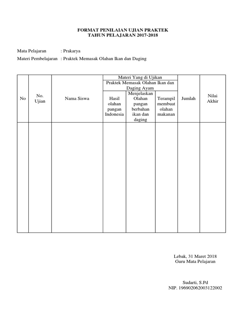 Format Penilaian Ujian Praktek | PDF