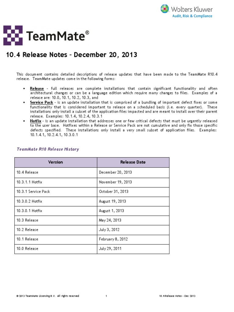 TeamMate 10.4 Release Notes | PDF | Oracle Database | Microsoft Windows