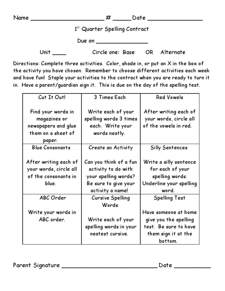 1st Quarter Spelling Contract Activities | PDF