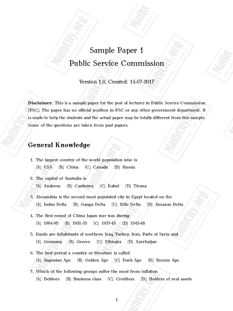 Math PSC MCQ Sample Paper 1 | Download Free PDF | Polynomial | Equations