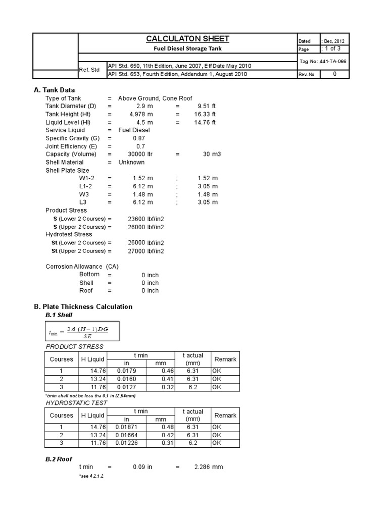 Diesel Storage Tank Calculation Sheet | PDF
