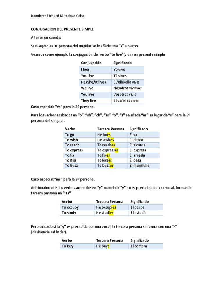 Conjugacion Del Presente Simple | PDF