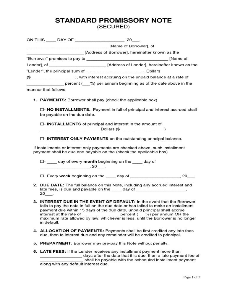 Standard Promissory Note (Secured) - Template and Instructions | PDF ...