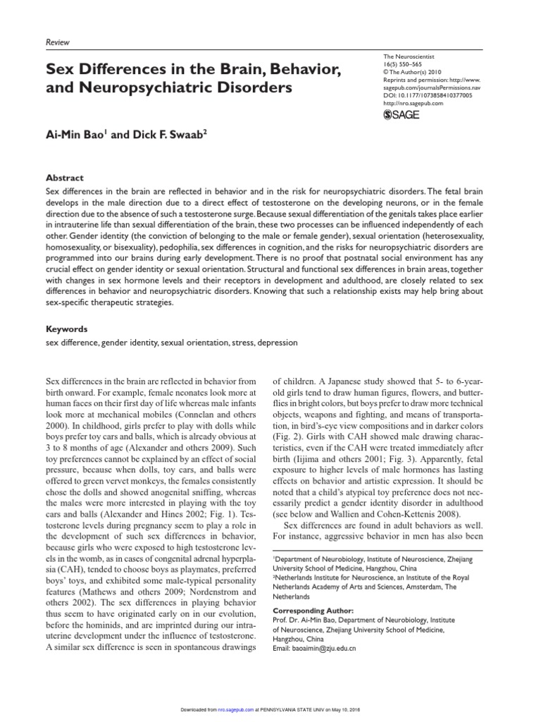 2010 Sex Differences In The Brain Behavior And Neuropsychiatric
