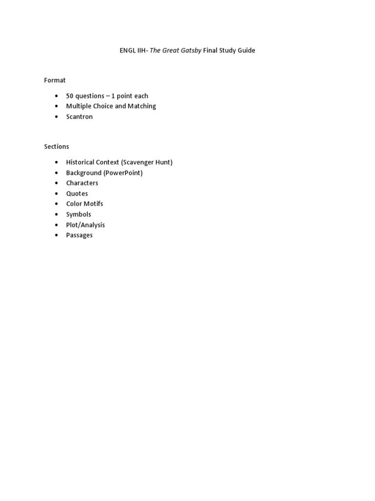 The Great Gatsby Final Study Guide | PDF | Games & Activities | General ...