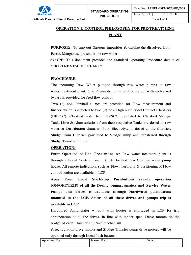 3.SOP of Pretreatment Plant | PDF | Valve | Sewage Treatment