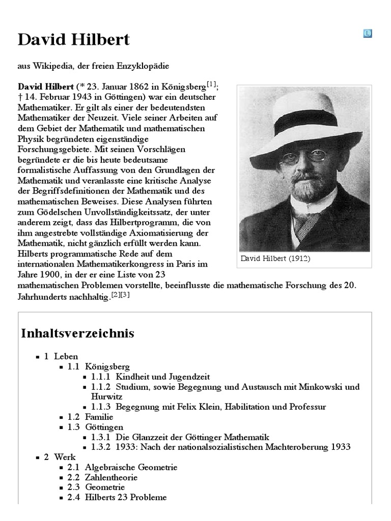 David Hilbert - Wikipedia | PDF | Teaching Mathematics | Science