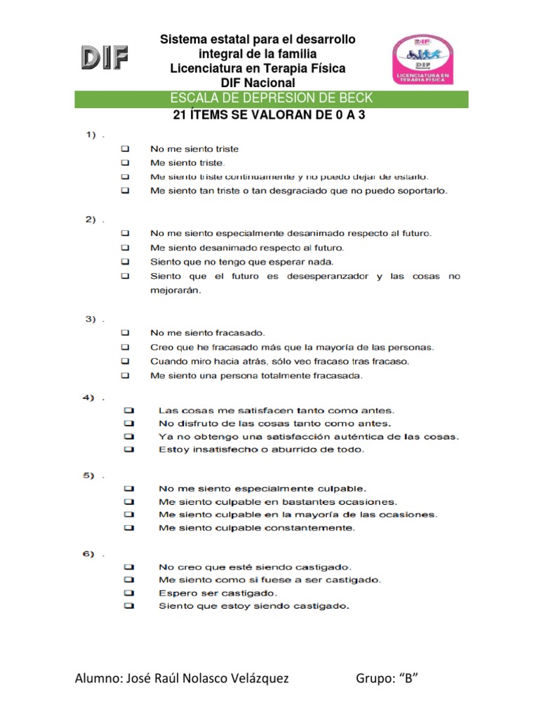 Escala de Depresión de Beck: 21 Ítems | PDF | Relaciones personales ...