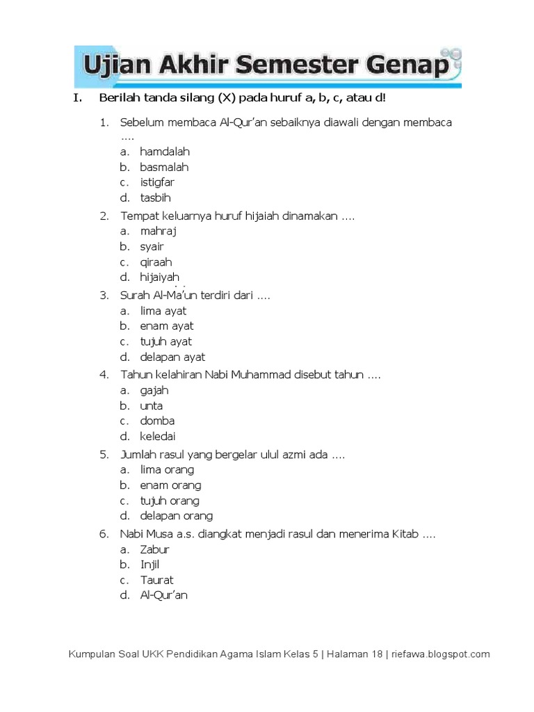 Kumpulan Soal UKK PAI Kelas 5 | PDF Kumpulan Soal UKK PAI Kelas 5 | PDF