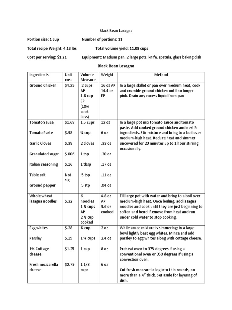 Standardized Recipe For Lasagna | PDF | Lasagne | Boiling